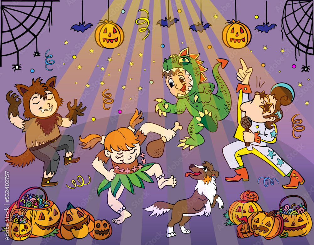 Dancing kids in halloween costumes vector cartoon illustration Stock ...