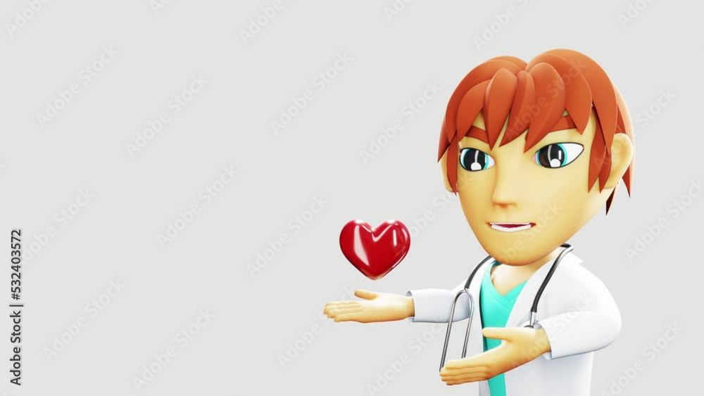 3D render of animated doctor model holding a beating heart White ...