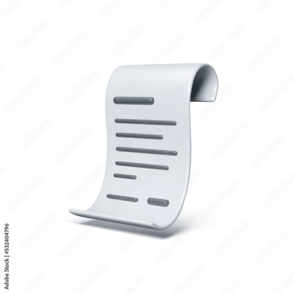 3D paper bill in cartoon style. Receipt icon isolated on white. Render ...