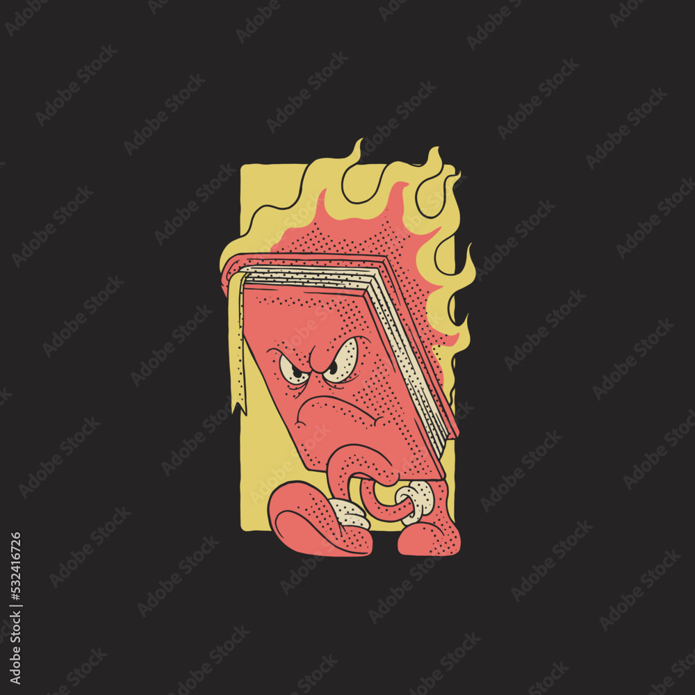 Cartoon illustration of burning book mascot with retro style Stock ...