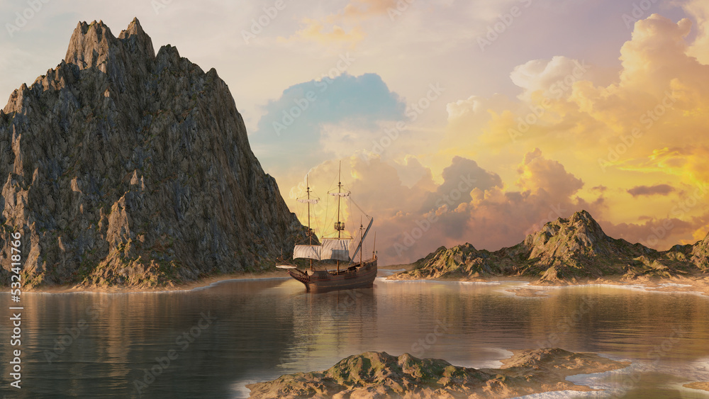 pirate ship in the lagoon among the rocks treasure island. 3d render ...