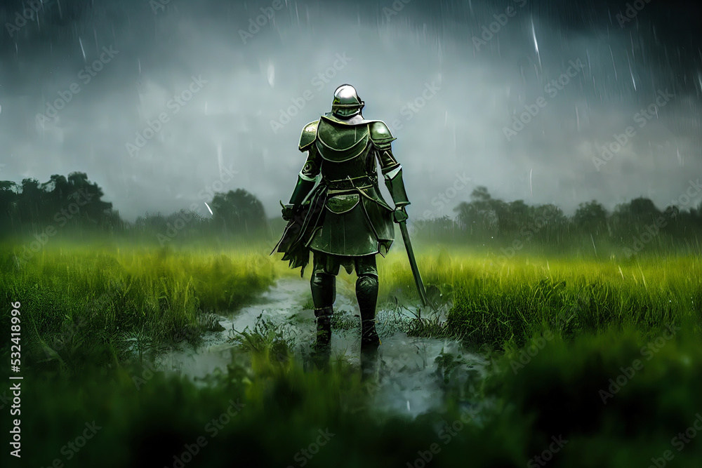 A crusader knight standing in in the fields with metal armour and a ...