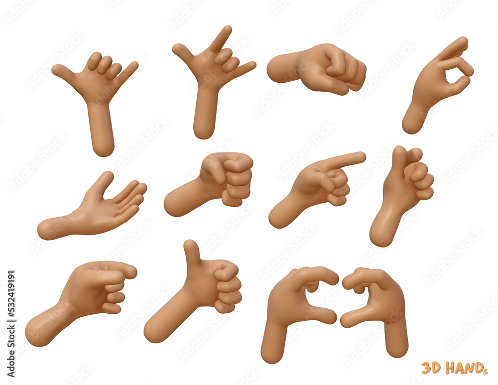 Hands set of cartoon 3d hands., 3D Illustration.,Set of 3d stock close ...