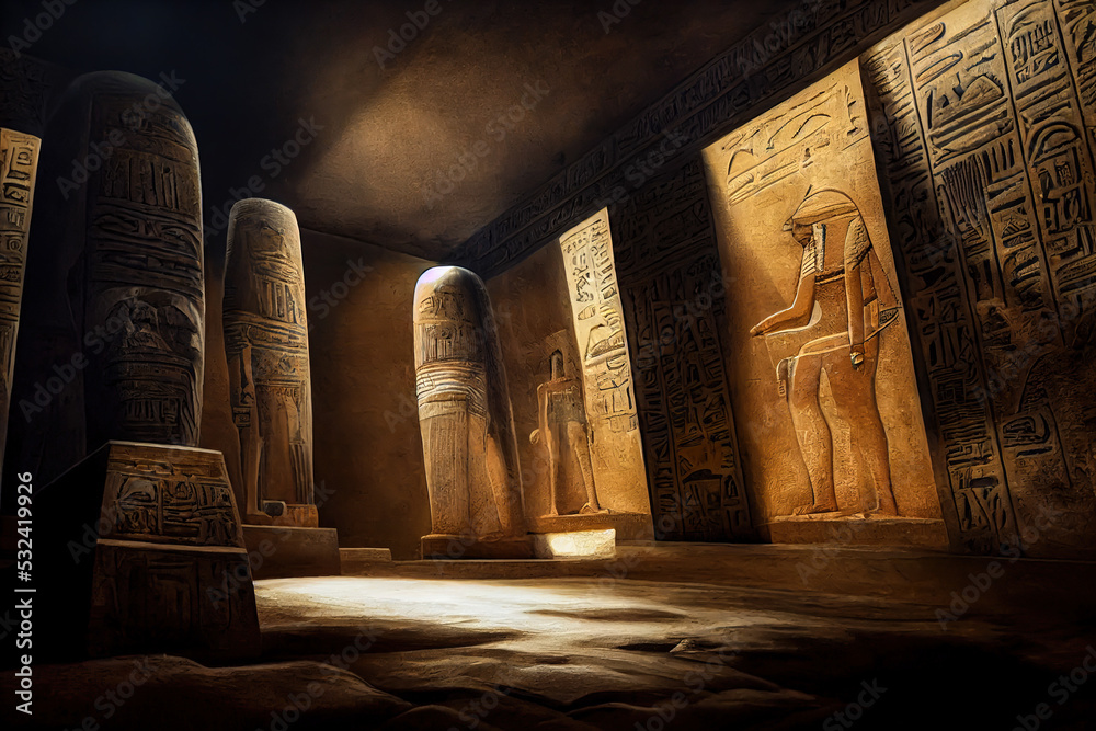 Inside Egyptian pyramids, Sarcophagus standing in the interior ...
