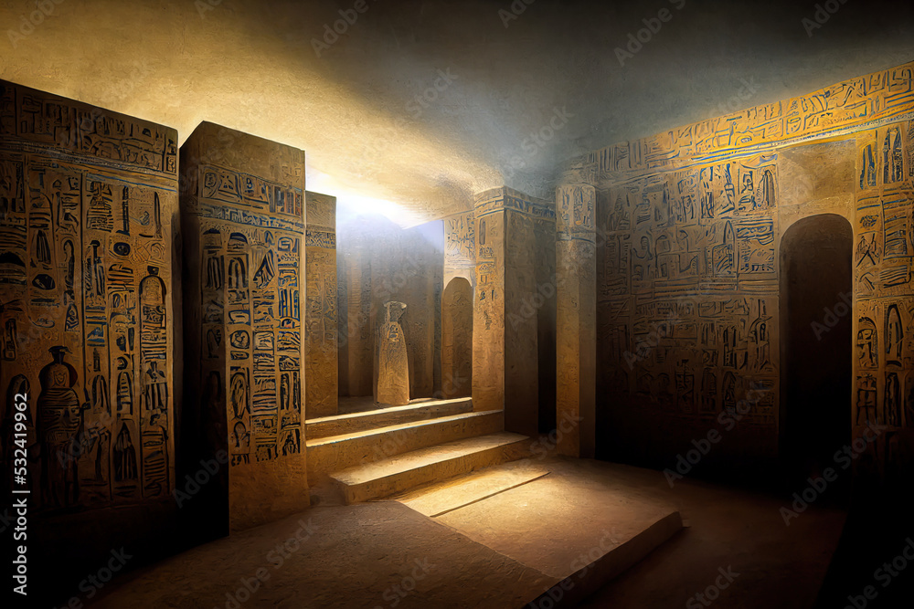 Ilustrace „Inside the tomb of king Tut, a secret room inside Egyptian pyramids with hieroglyphs ...