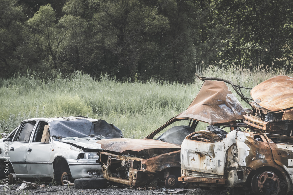 Burnt and broken cars in Ukraine after being shot from artillery and ...