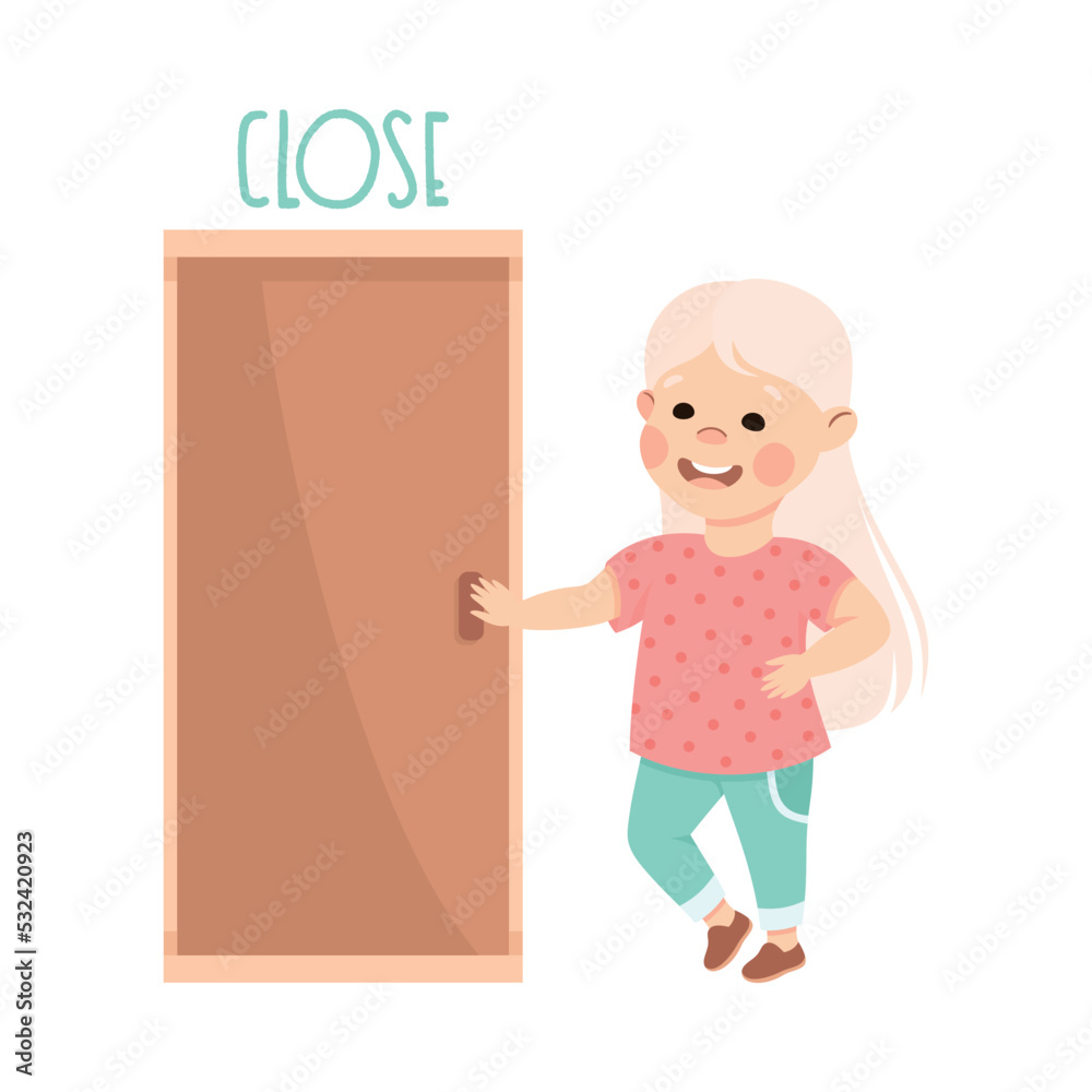 Little Blond Girl Closing Door Demonstrating Vocabulary And Verb Little Blond Girl Closing Door Demonstrating Vocabulary And Verb