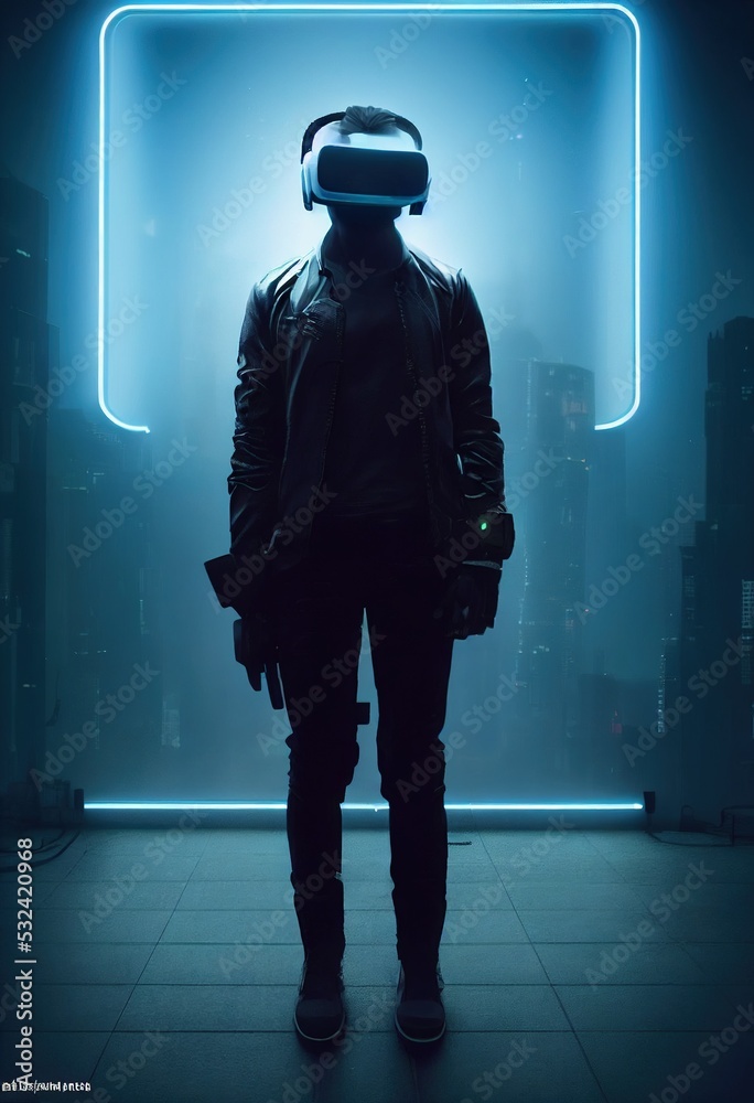 hacker male as power male with virtual reality headset, dystopian ...