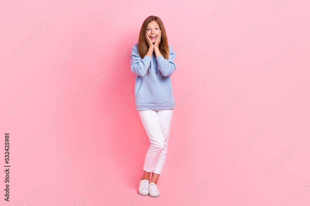 Full body photo of impressed positive person arms touch cheekbones ...