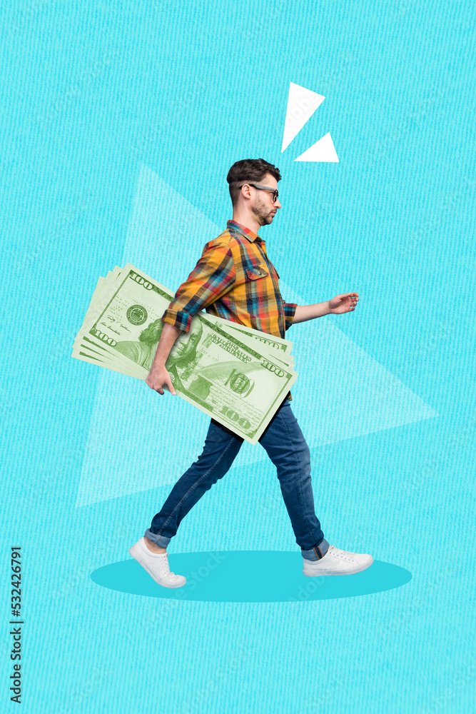 Collage photo of young attractive serious man walk hold money stack ...