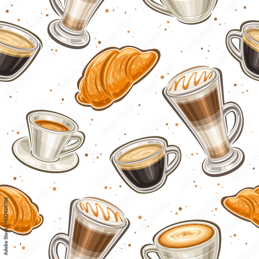 Vector Coffee seamless pattern, square repeating background with set of ...