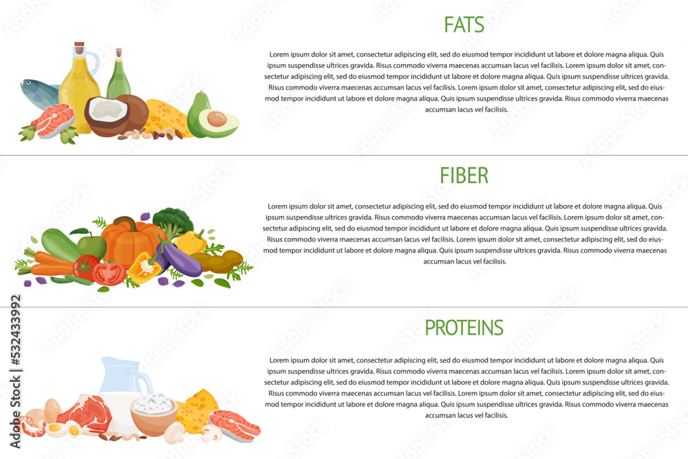 Set of healthy macronutrients. Proteins, fats and carbs presented by ...
