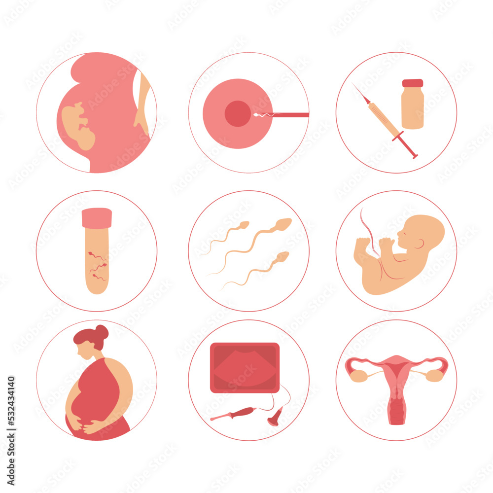 Motherhood set. Woman fertility icon set. Obstetrics signs collection ...