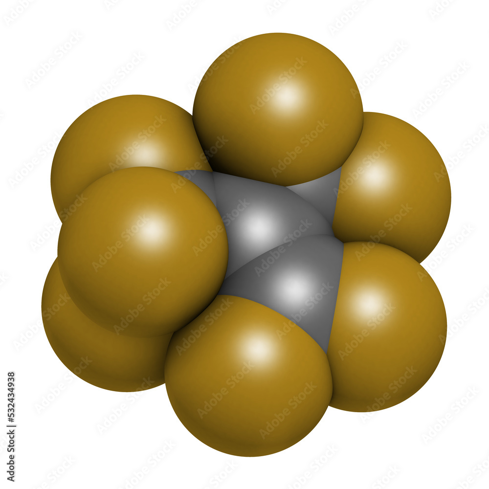 Perfluoroisobutene fluorocarbon molecule. 3D rendering. Atoms are ...