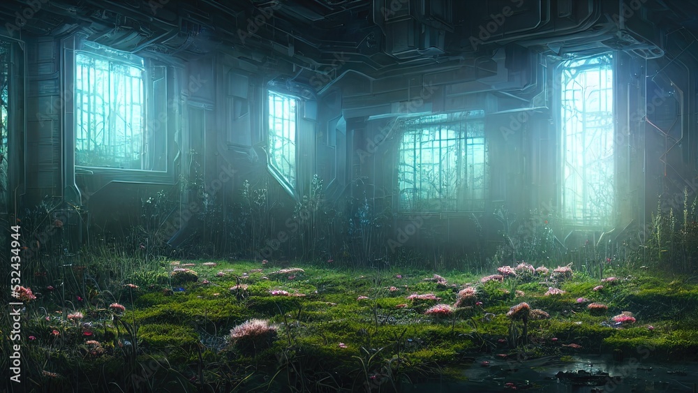 Abandoned space station overgrown with vegetation, plants and grass ...