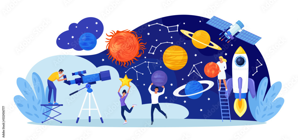 Astronomy, astronomical observation. Man studying galaxy through ...