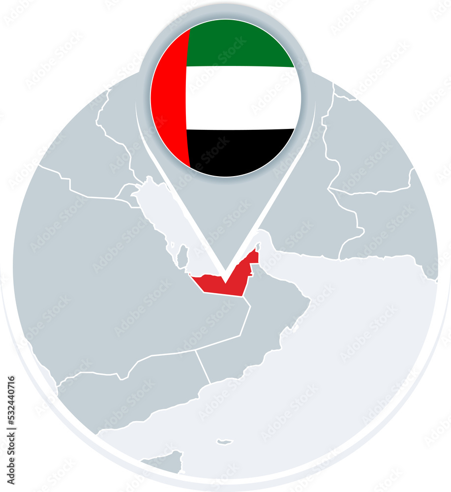 United Arab Emirates map and flag, map icon with highlighted UAE; Stock ...