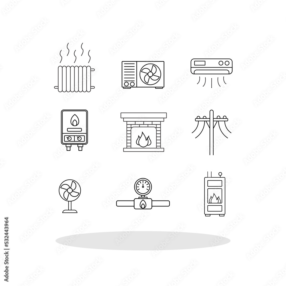 Heating icon set in trendy flat style. Types of heating symbol for your ...