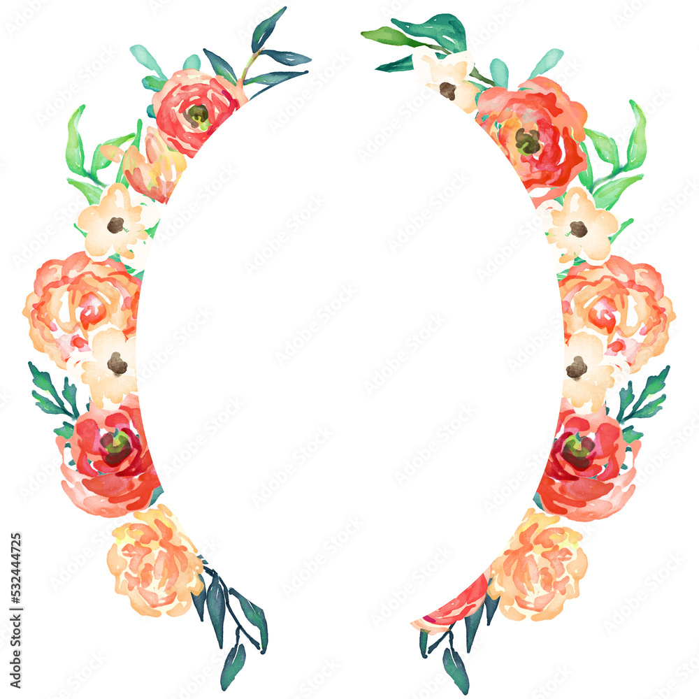 watercolor flower frame design. Elegant wedding card flowers. Curved ...