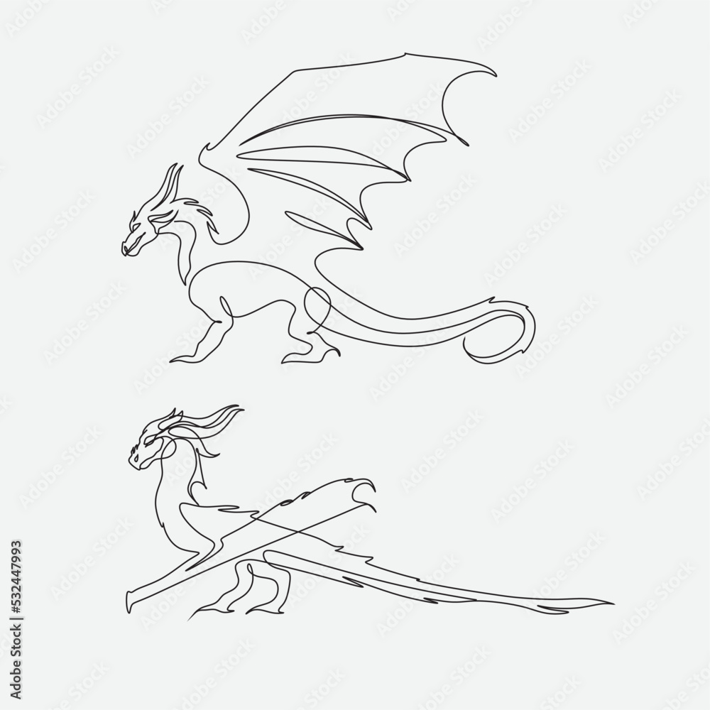 Single continuous line drawing of fictional monsters dragon for chinese ...