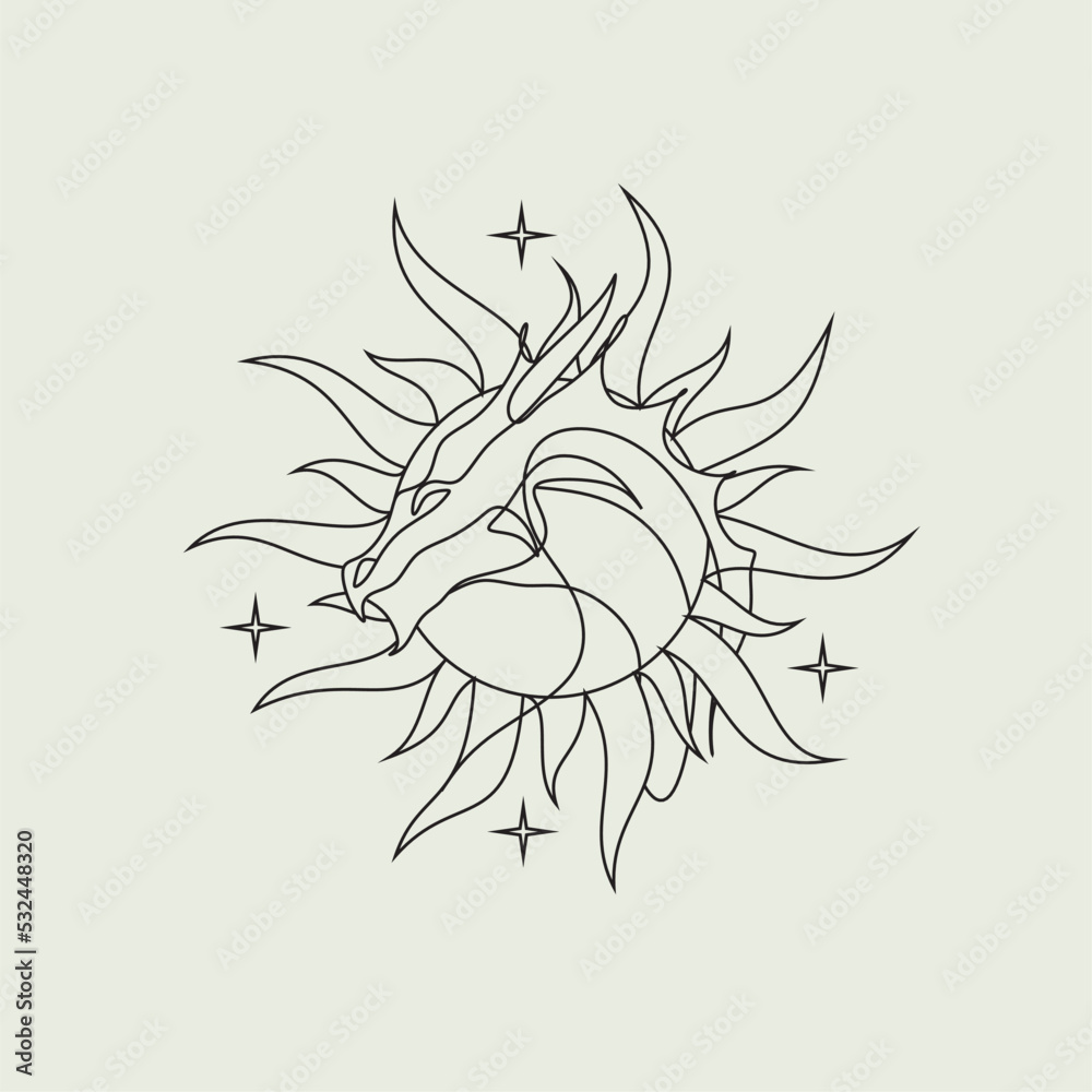 One line drawing of dragon with moon and sun logo identity. Magical ...