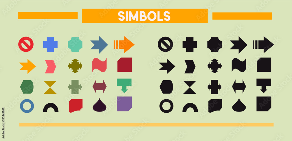 A set of characters. Arrows, stop sign, hourglass, cross, banner ...