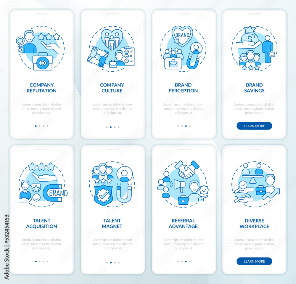 Profits of employer branding blue onboarding mobile app screen set. HR ...