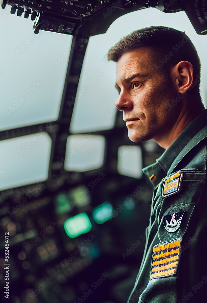 A military fighter pilot in the cockpit of his plane, wearing a helmet ...
