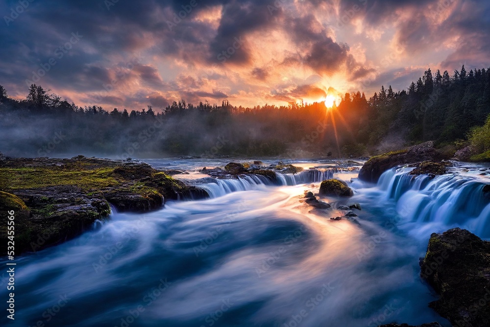 Heaven landscape, waterfalls, rainbow, clouds, epic nature, multiple ...