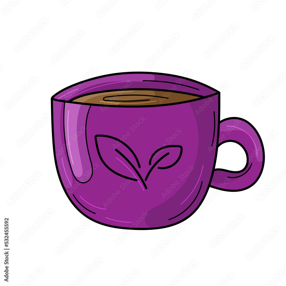Violet cup of coffee or tea. Drawing of a leaf on a cup. Autumn mood ...