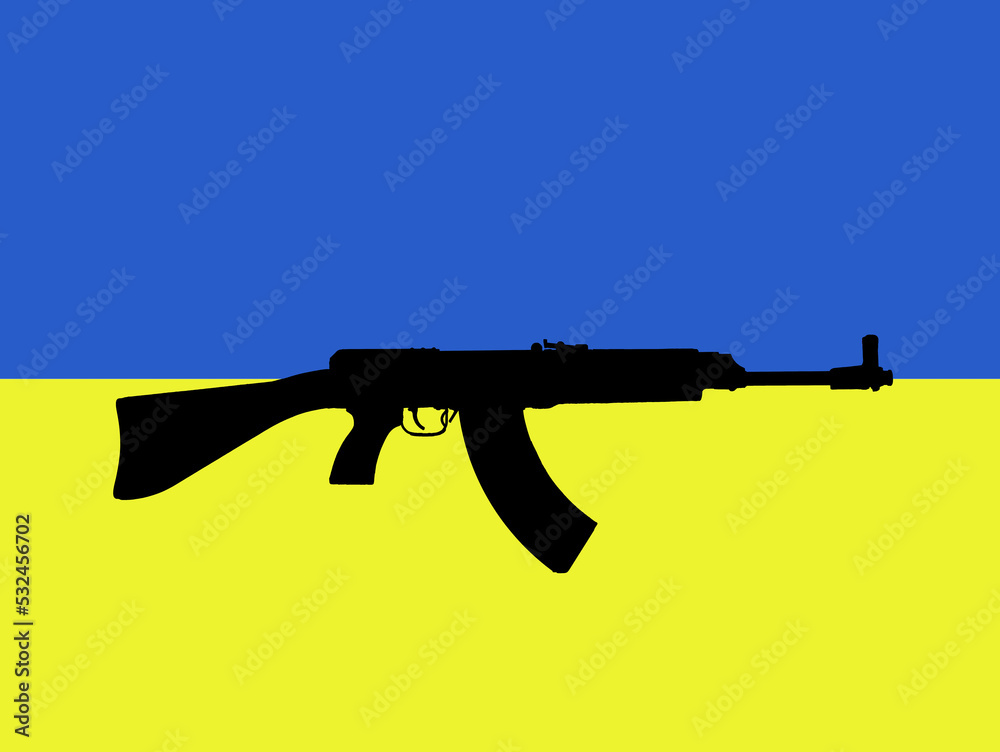 The black contour of an retro assault rifle above the Ukrainian flag ...