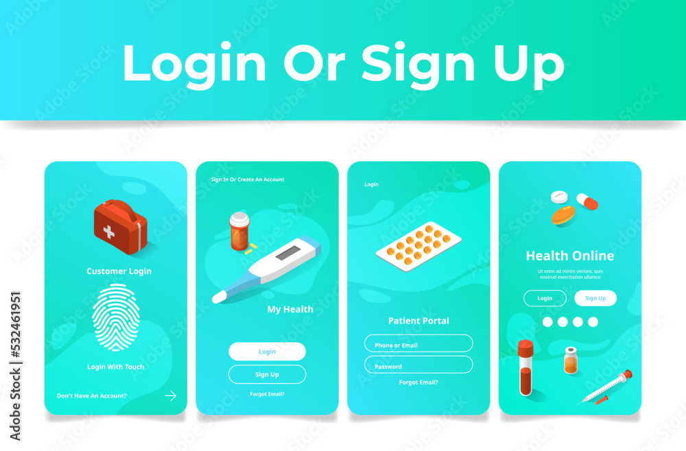 Patient portal mobile screen application log in sign up set vector ...