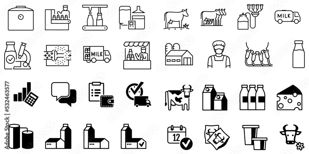 Milk, Dairy plant icons set. Milk production stages from harvesting to ...