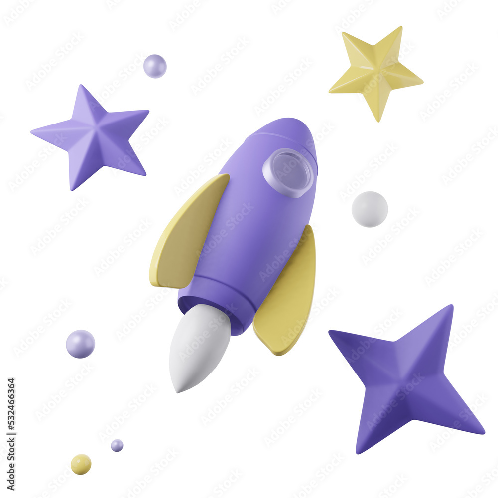 Rocket, stars 3d. Space, galaxy, cosmos. 3d render. Isolated on ...