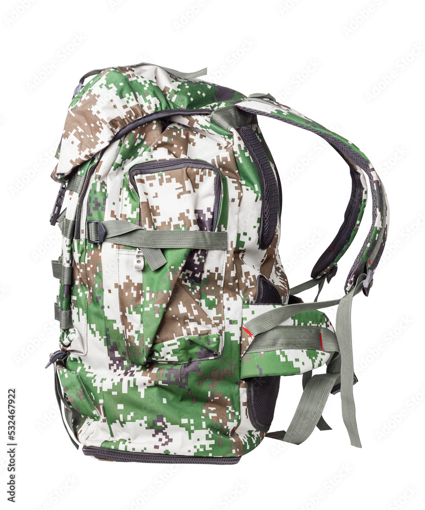 Camouflage backpack isolated. Shoulder straps side view. Backpack side ...