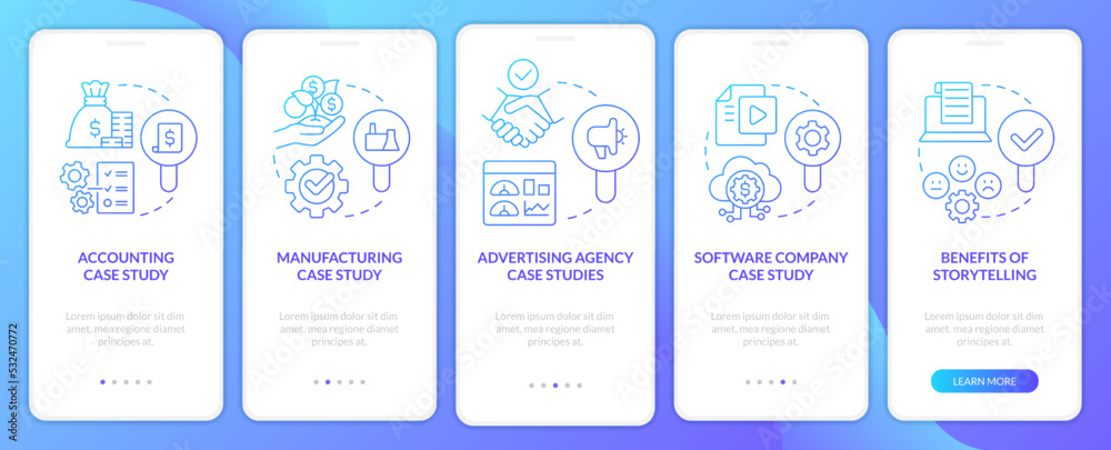Case studies usage blue gradient onboarding mobile app screen. Analytics walkthrough 5 steps ...