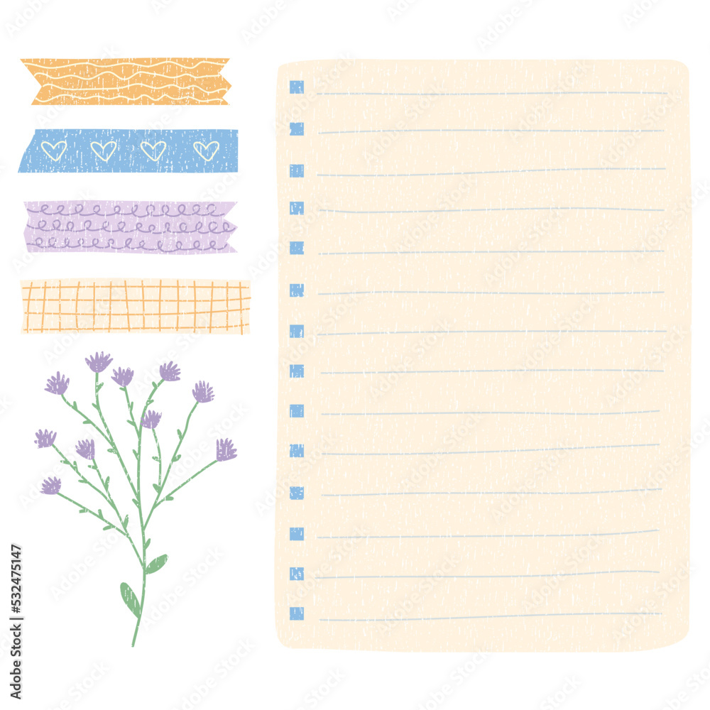 Blank notebook, cute note memo template, washi tape and dried flower ...