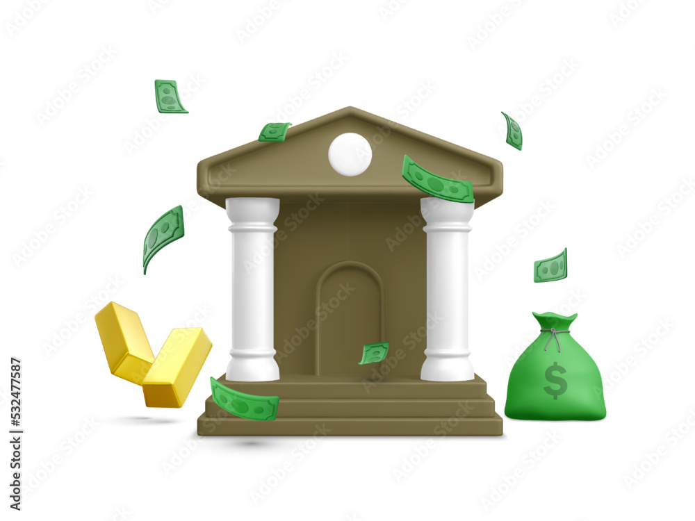 Bank building with falling paper currency, money bag and gold bar in ...