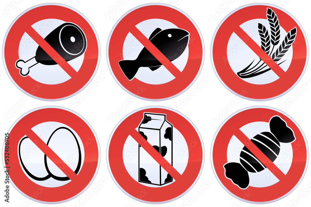 Collection of circular red and white prohibition signs with the crossed ...