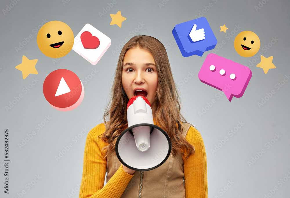 communication, social media and people concept - teenage girl speaking ...