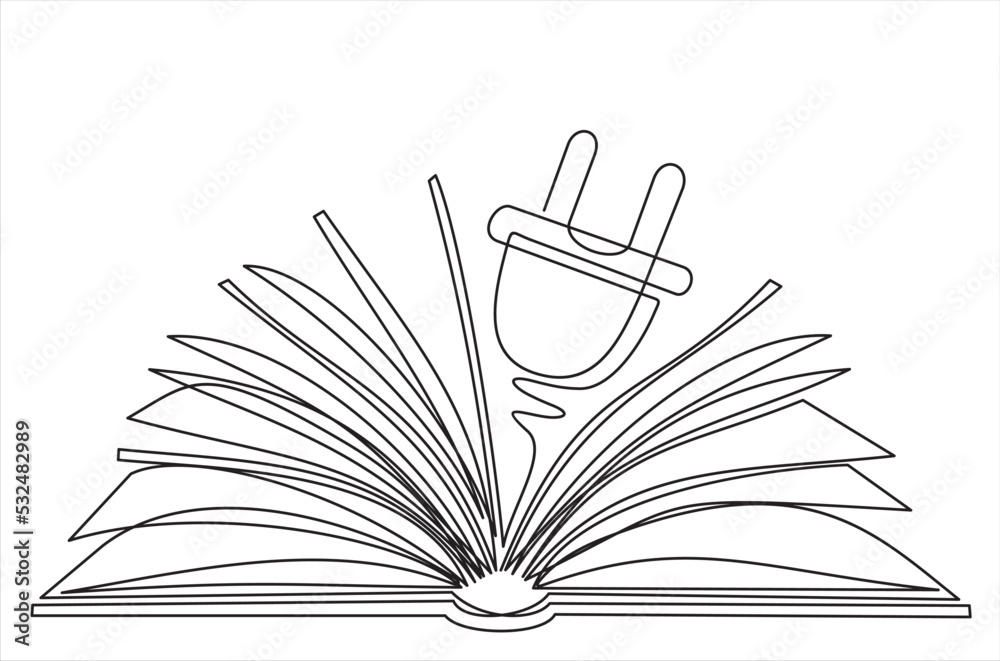 continuous one line drawing of Open book with cable plug, electronic ...