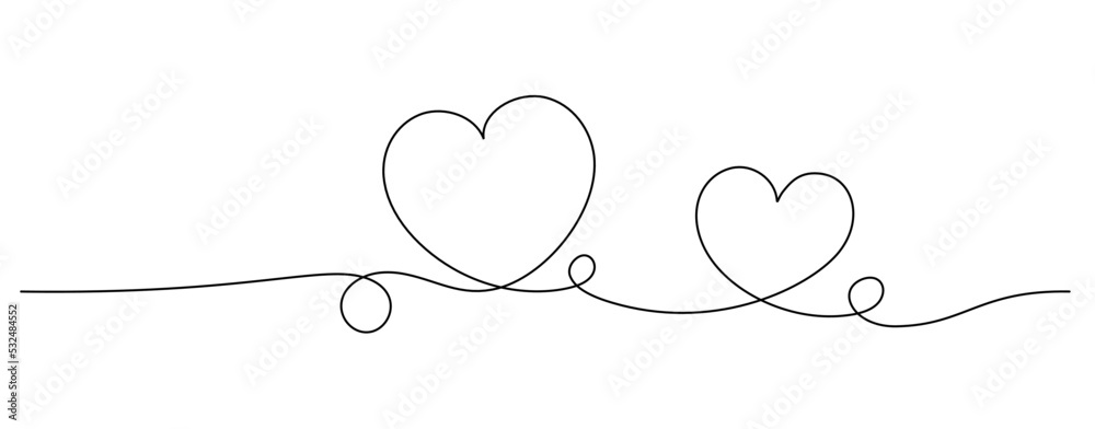 single line drawing of hearts isolated on white background, love and ...