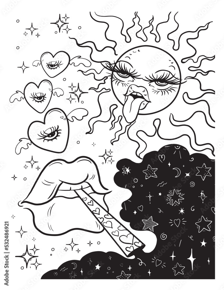 Sun and smoking lip coloring page .Vector coloring for adults Stock ...