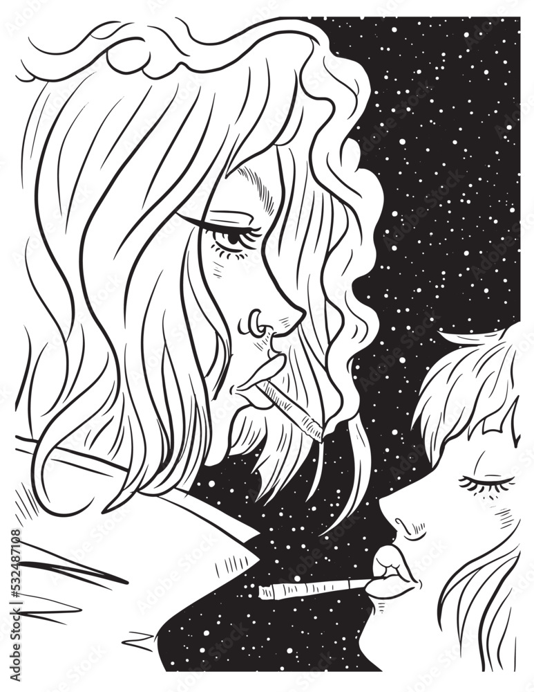 Beautiful girl smoking cigarette coloring page. Vector coloring for ...