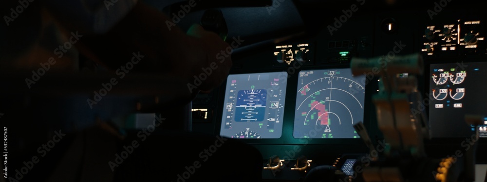 CU on airplane weather radar screen inside the cockpit, aircraft going ...