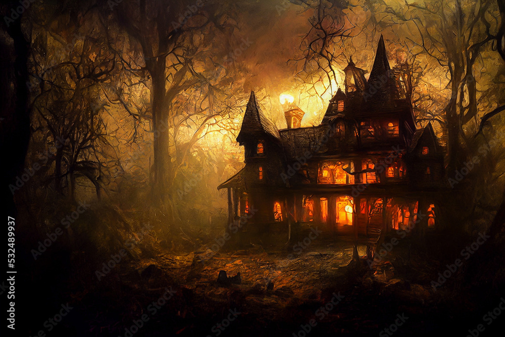 Halloween haunted house background, Digital painting technic. Stock ...