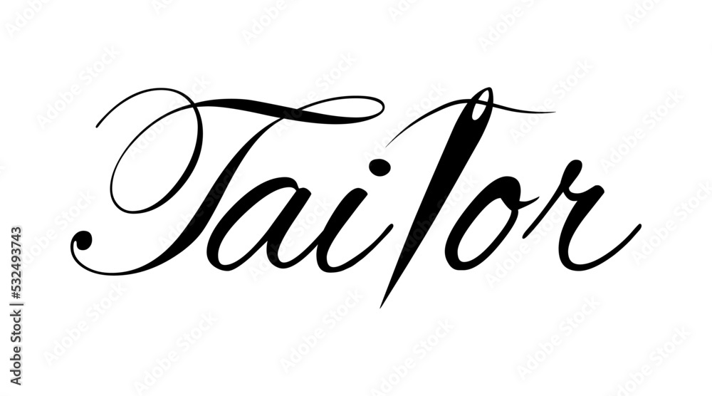 Tailor logo with sewing needle with thread. Handwriting text isolated ...