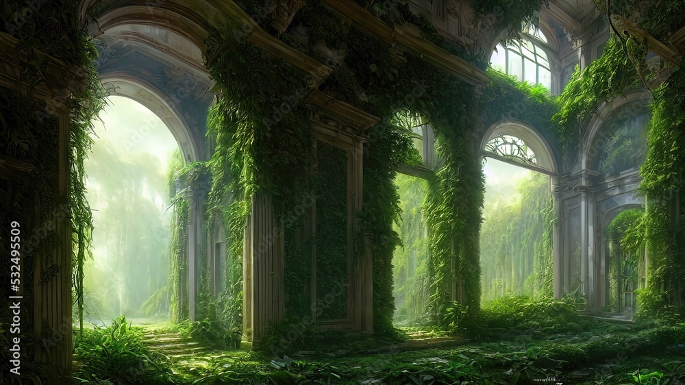 A garden in a majestic architectural building with large stained glass ...