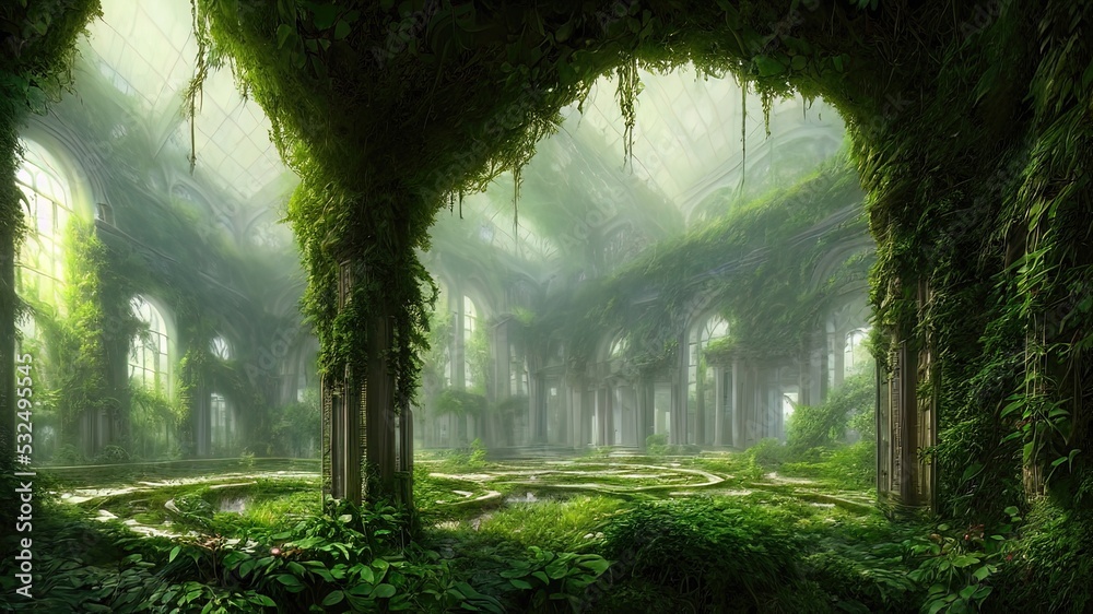 A garden in a majestic architectural building with large stained glass ...