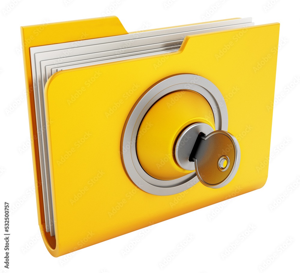 Yellow folder with lock and key on transparent background. Stock ...